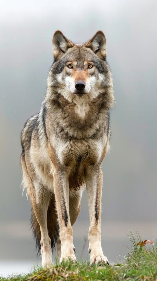 A Grey Wolf Stands Alertly on the Edge of a Mountain Lake, Its ...