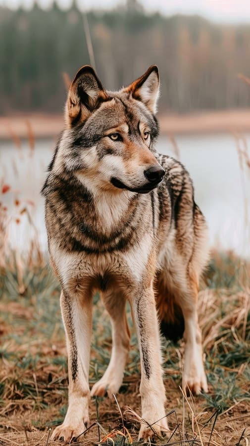 A Grey Wolf Stands Alertly on the Edge of a Mountain Lake, Its ...