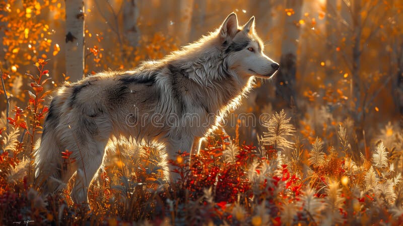 Grey Wolf Standing in Autumn Forest with Golden Light Stock Image ...