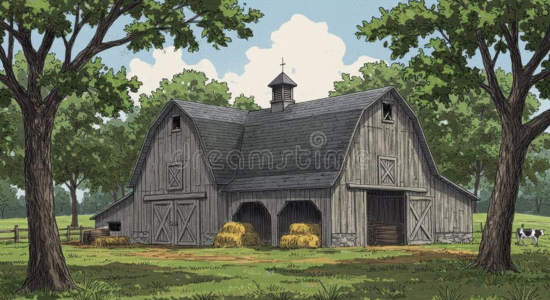 Grey Wooden Barn on a Sunny Farm Stock Illustration - Illustration of ...