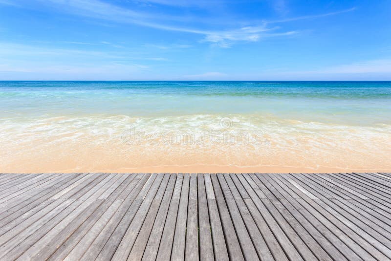Wooden Decking and View of Tropical Beach Background Stock Photo ...