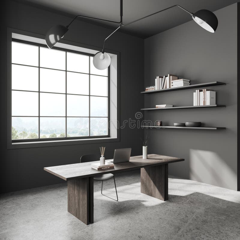 Grey Workplace Interior with Chairs and Table with Laptop, Panoramic ...
