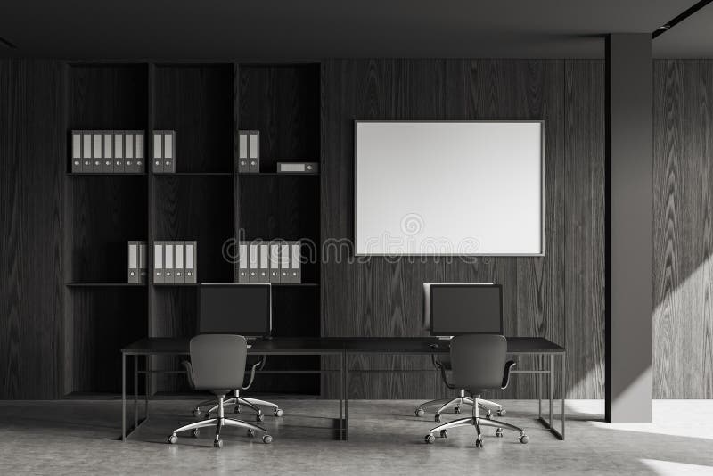 Grey Workplace Interior with Pc Computer and Laptop, Panoramic Window ...