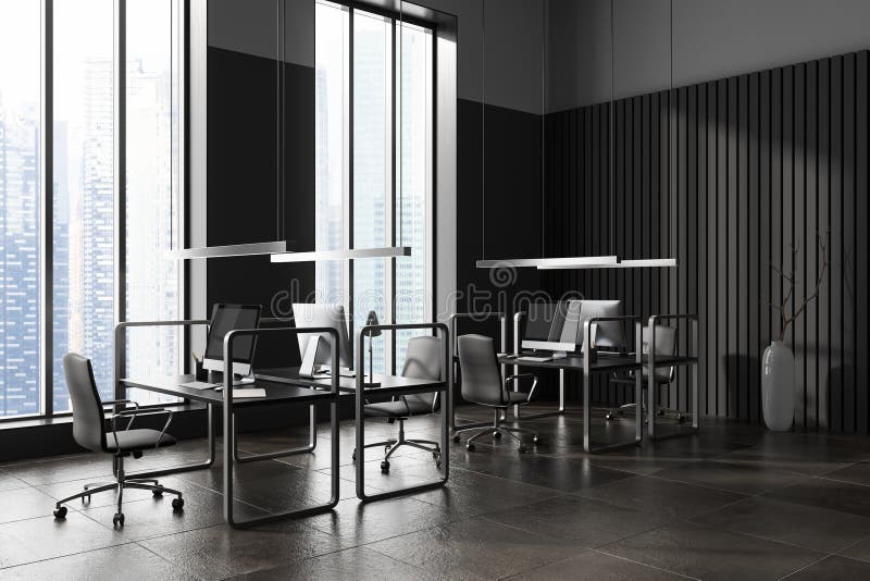 Grey Workspace Interior with Desk and Computers, Panoramic Window on ...