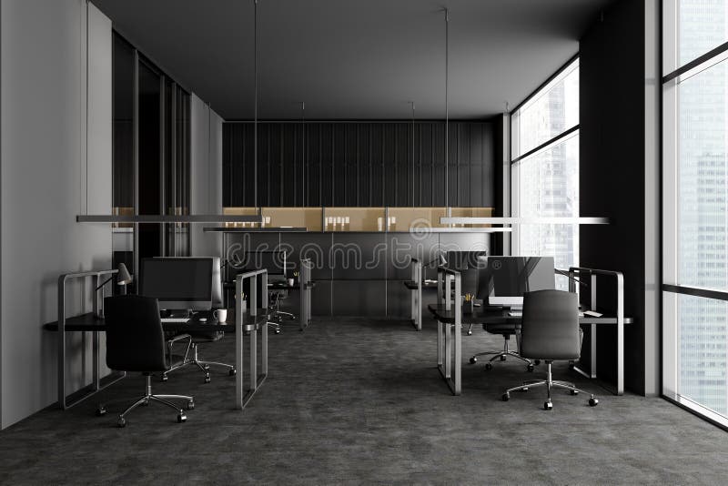 Grey Workspace Interior with Pc Computers, Panoramic Window on City ...
