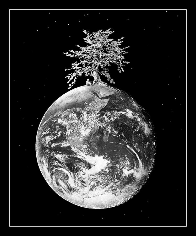 Greyscale Earth Picture with a Tree Edited on it and a Man Sitting Next ...