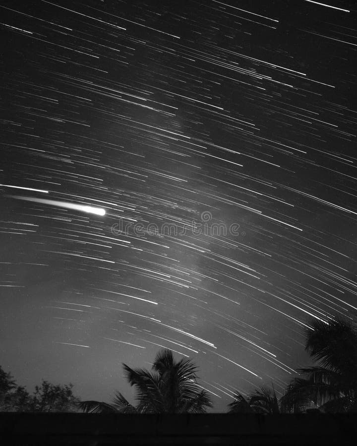 Greyscale of the Effect of Shiny Falling Stars in the Night Sky Stock ...