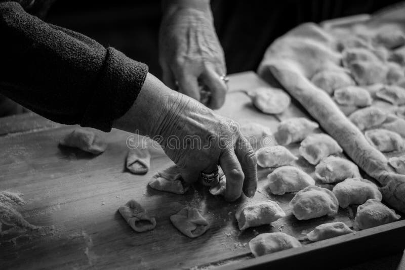 Greyscale of the Old Person S Hands Cooking Dumplings Stock Photo ...