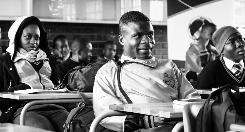 Greyscale Shot of African High School Children in Classroom Lesson ...