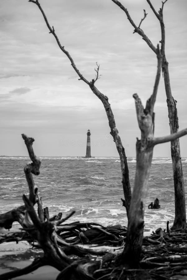 Greyscale Shot of the Morris Island Lighthouse Stock Image - Image of ...