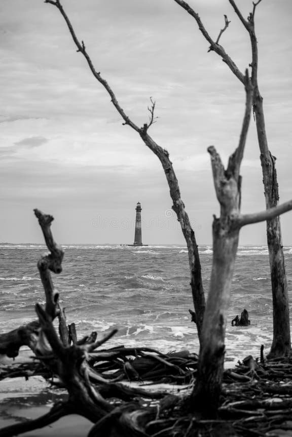 Greyscale Shot of the Morris Island Lighthouse Stock Image - Image of ...