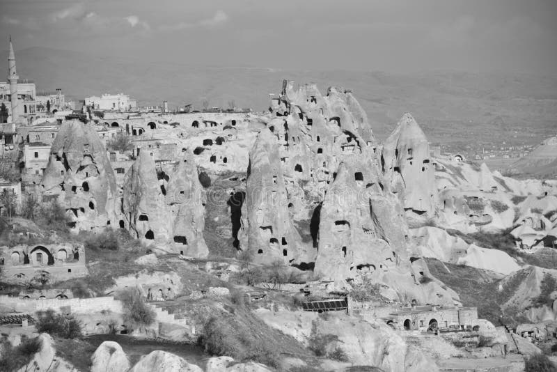 Greyscale Shot of the Old Clay Structures Captured in Cappadocia ...