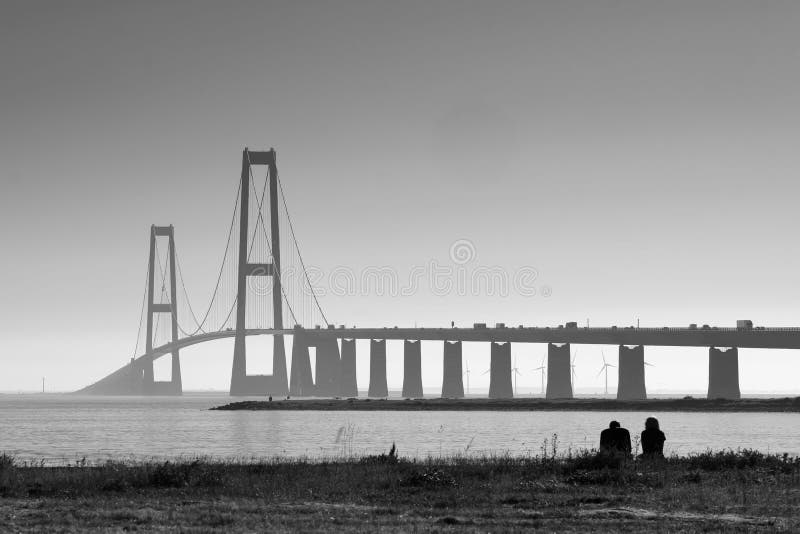 Greyscale Shot of the Storebaelt Bridge, Denmark Stock Image - Image of ...