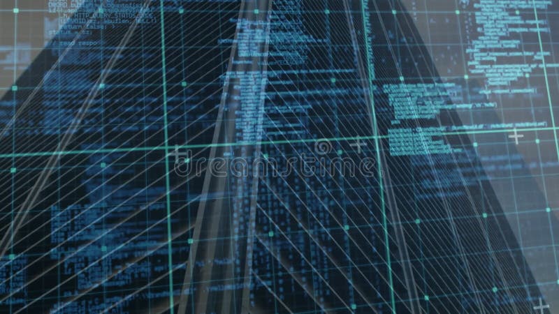 Grid Appearing Over Facade Sweeping Lines Forming 3D Wireframe while Code Scrolling for Analysis ...