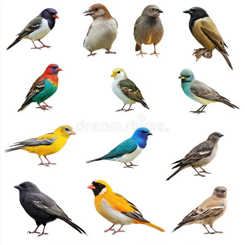 Grid of 12 Bird Illustrations in Various Colors and Patterns. Vibrant ...