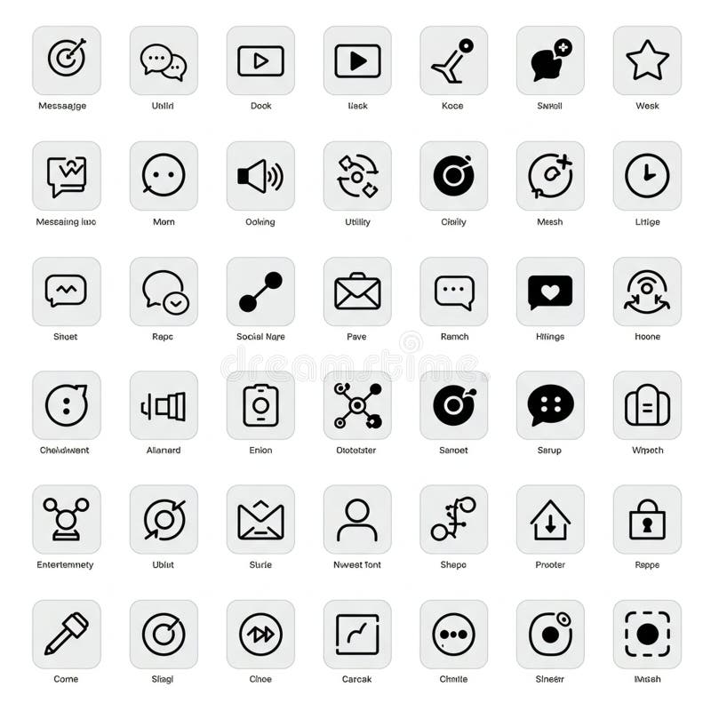 Grid of 40 Black and White Icons Resembling App or Software Interface ...
