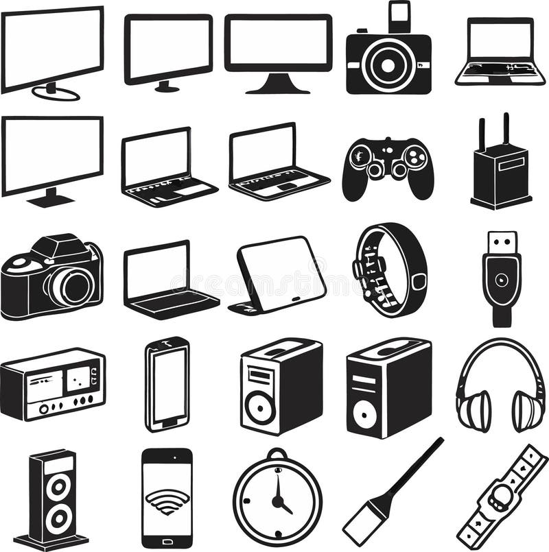 A Grid of Black and White Icons Showcases Various Electronic Devices ...