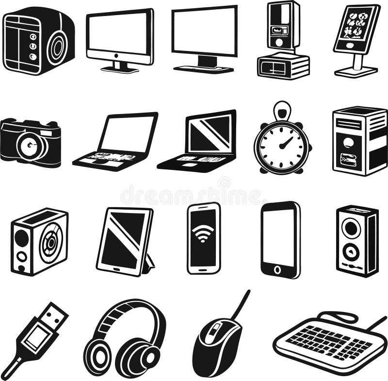 A Grid of Black and White Icons Showcases Various Electronic Devices ...