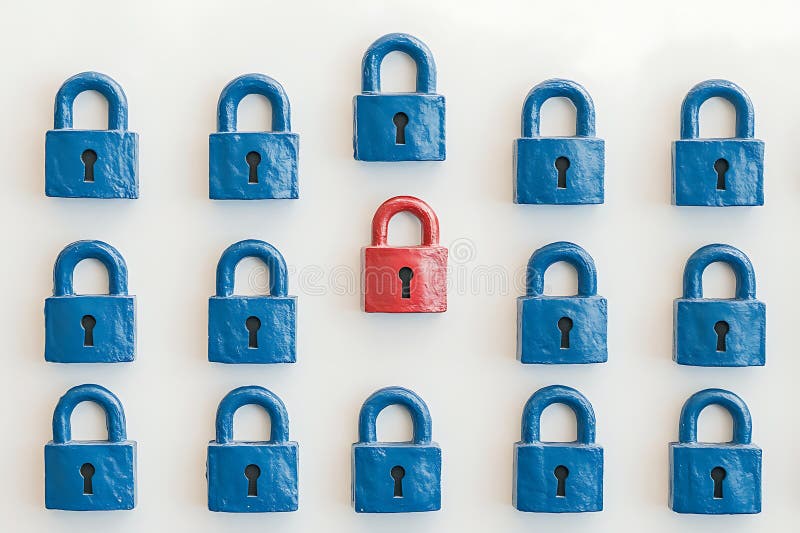 One Red Lock among Many Blue Locks Stock Image - Image of protection ...