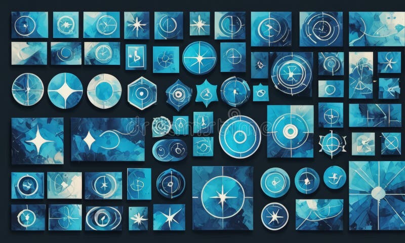 Grid Blue and White Geometric Shapes, Including Circles, Squares, and ...