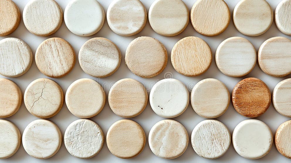 A Grid of Circular Wooden Discs in Various Light Beige and Tan Tones ...