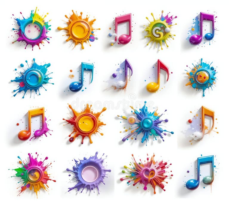 Grid of 20 Colorful Artistic Designs with Musical Notes and Paint ...
