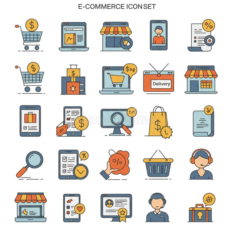 A Grid of Colorful E-commerce Icons Includes Shopping Carts ...