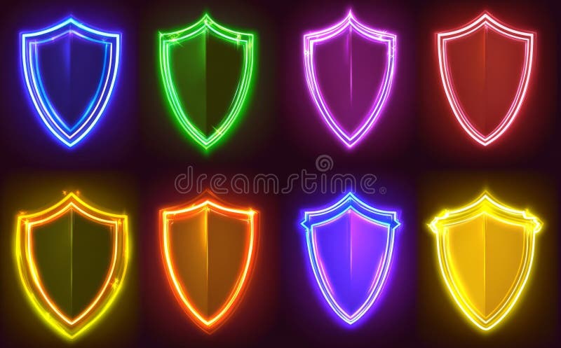 A Grid on a Dark Background Showcases Stylized Neon Badge Designs that ...