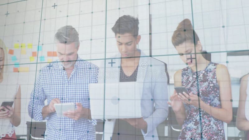 Grid and Data Points Animation Over Diverse People Using Digital ...