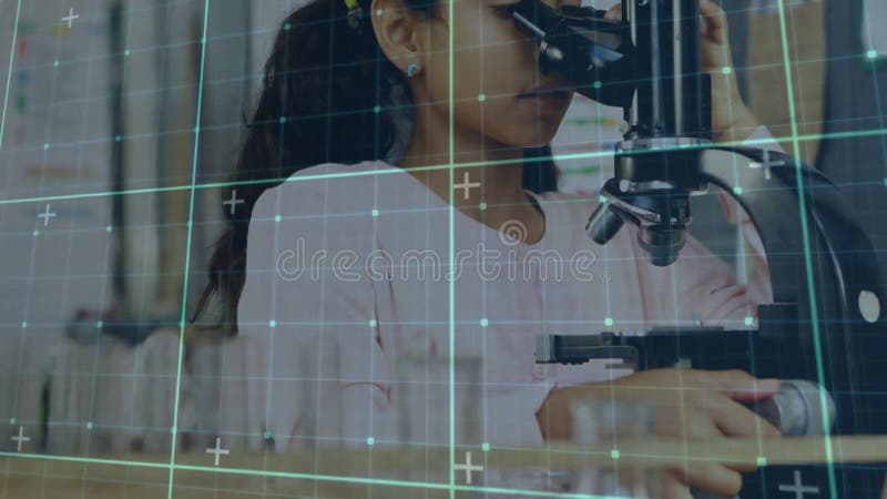 Grid and Data Points Animation Over Girl Using Microscope in Laboratory Stock Video - Video of ...