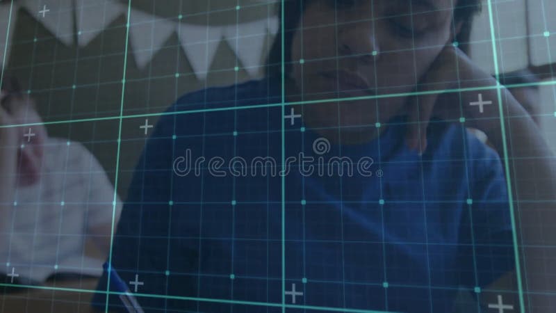 Grid and Data Points Animation Over Person Studying at Desk Stock Video ...