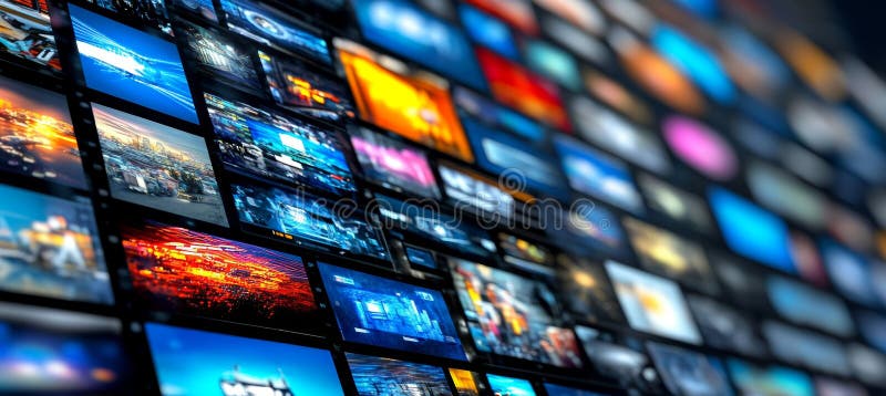 Grid of Digital Displays with Multimedia Content, Video Streaming, TV ...