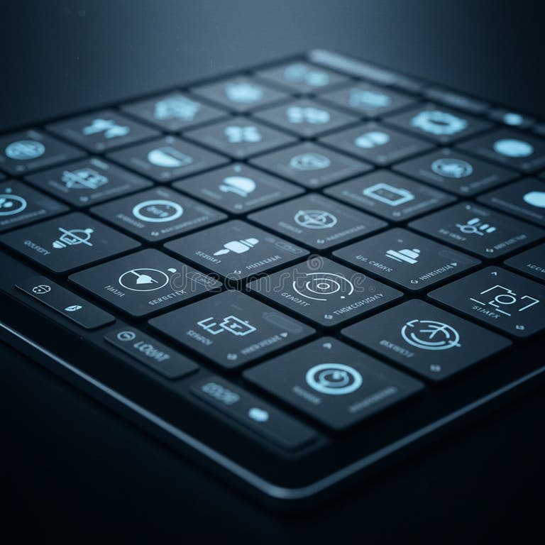 A Grid of Digital Icons Arranged on a Dark, Backlit Panel Resembling a ...