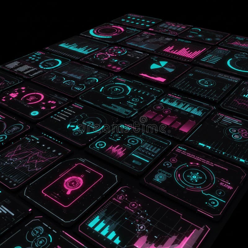 A Grid of Digital Interface Panels Displaying Various Data Visualizations, Including Bar Stock ...