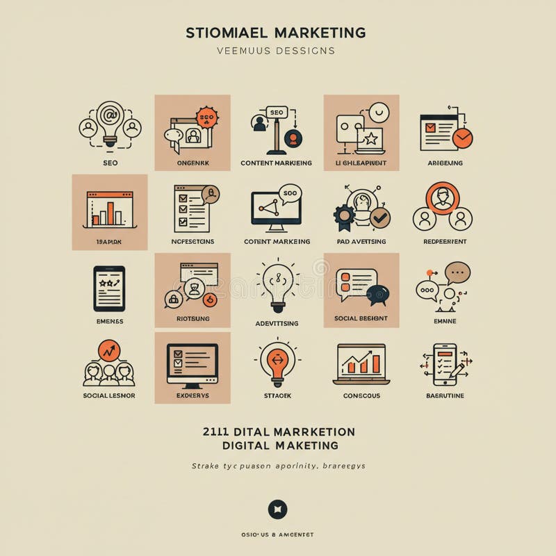 Grid of Digital Marketing Icons with Stylized, Misspelled Labels ...