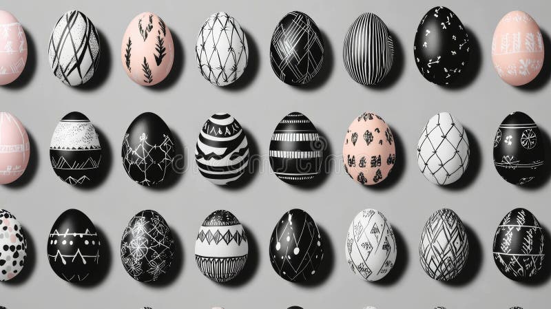 Monochrome Easter Egg Outlines Arranged in a Grid on a Neutral Grey Background for Modern ...