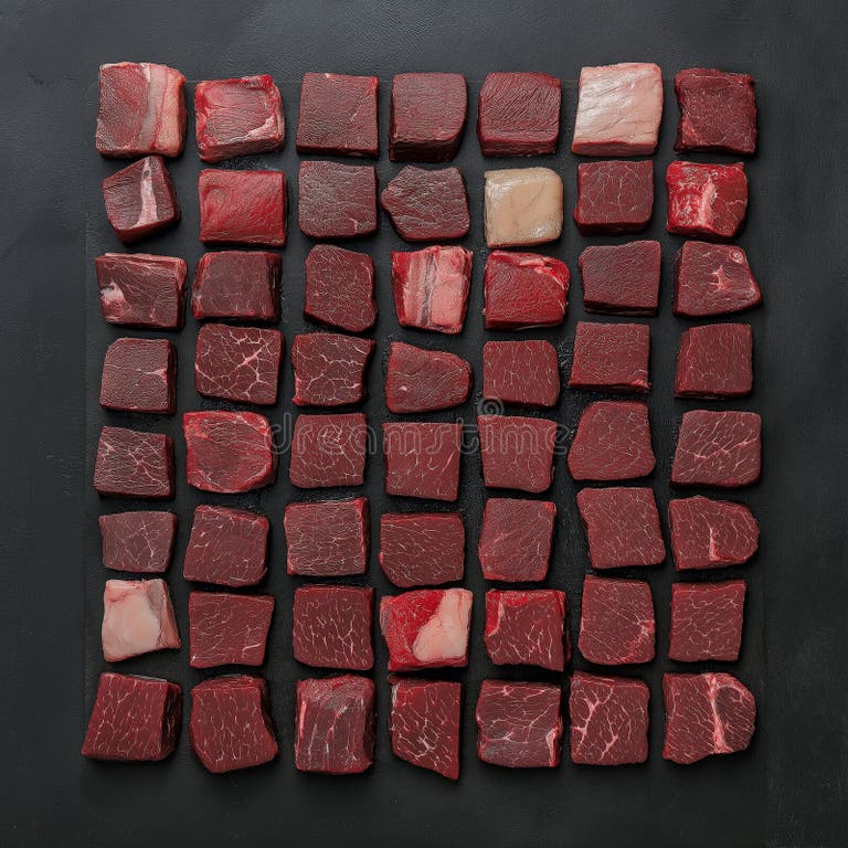 Grid of Fresh Raw Beef Cubes on Dark Surface Displaying Marbling and ...