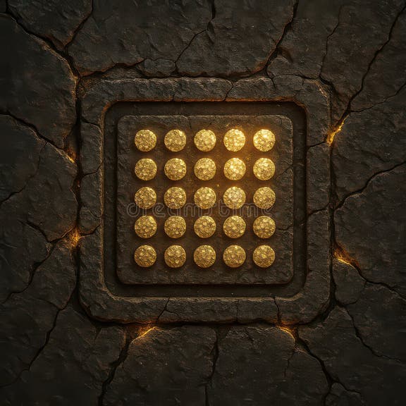 Grid of Golden Circles on Cracked Dark Stone Panel Stock Illustration ...