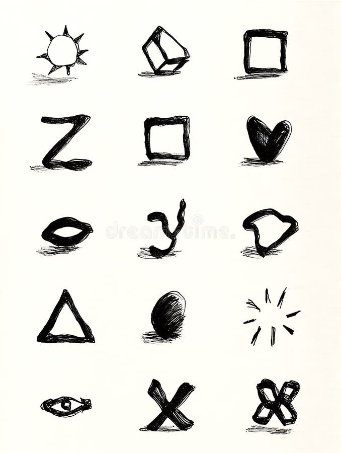A Grid of 15 Hand-drawn, Abstract Symbols in Black Ink on a White ...