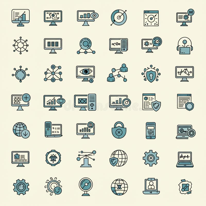 A Grid of 35 Icons Representing Technology and Data Analysis. Icons Include Computer Stock ...