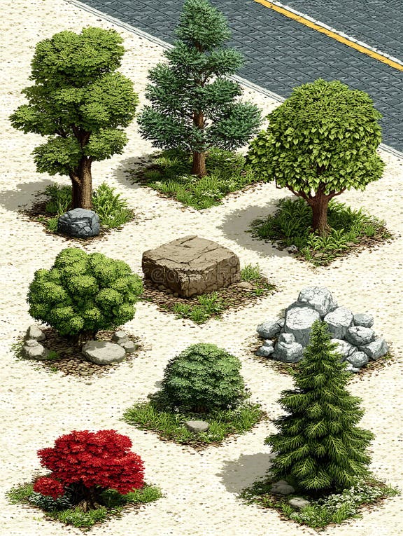 A Grid Layout of Various Stylized Trees and Shrubs on a Sandy Surface ...