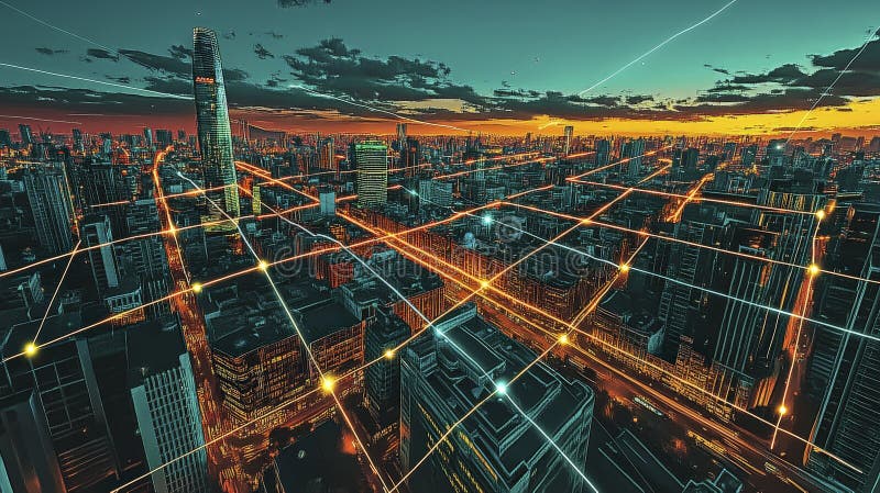 Grid-like City Light Paths with Modern Skyline View Stock Illustration ...