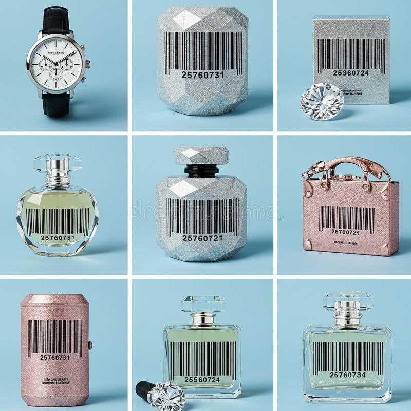 Grid of Luxury Items on a Blue Background, Each Featuring a Large ...