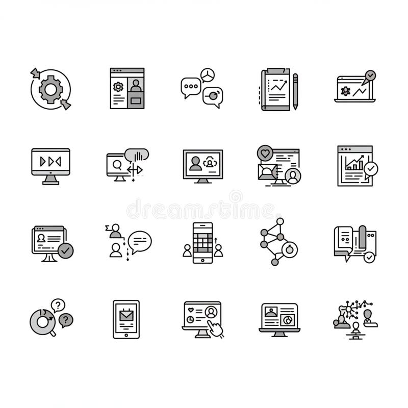 A Grid of 20 Minimalist Icons in Black and White, Depicting Various ...
