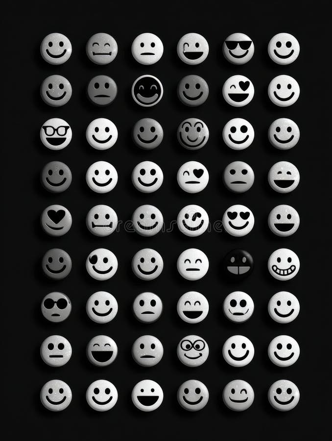 Monochrome Emoji Sticker Grid Showcasing Various Facial Expressions in ...