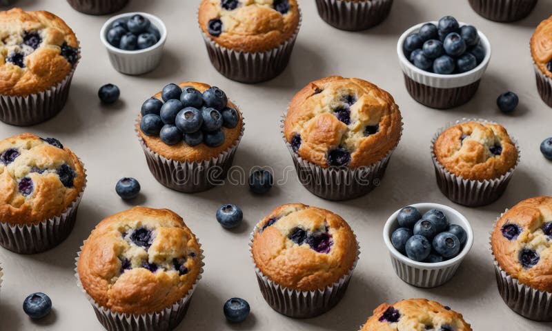 Grid Muffins with Blueberries Arranged on Light Background, Accompanied ...