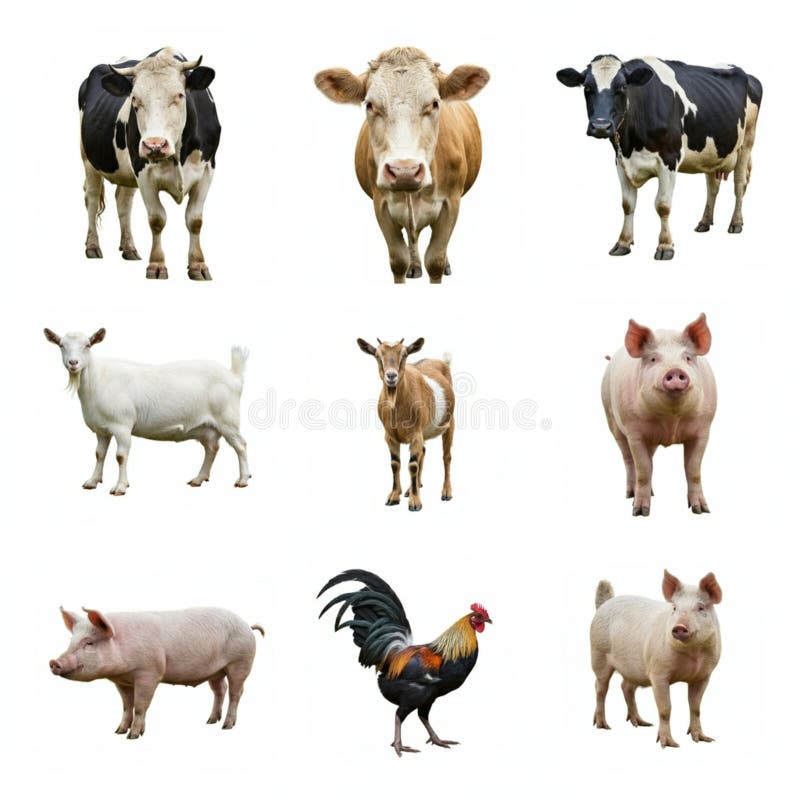 A Grid of Nine Farm Animals with a White Background. the Top Row ...