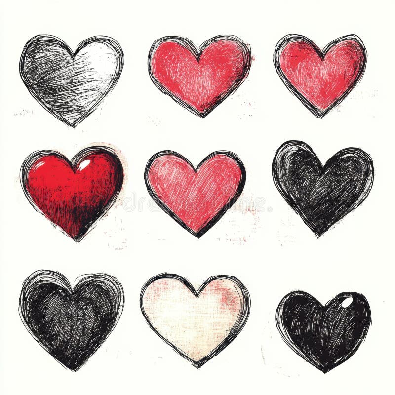 Grid of Nine Stylized Hearts in Various Colors and Textures Stock ...