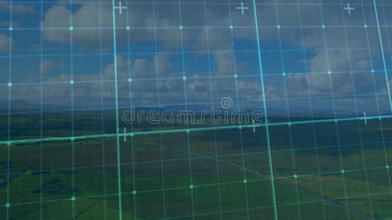 Grid Overlay Animation Over Scenic Landscape with Clouds and Fields ...