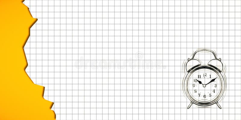 Grid Paper Background with Sketched Alarm Clock and Yellow Torn Paper ...